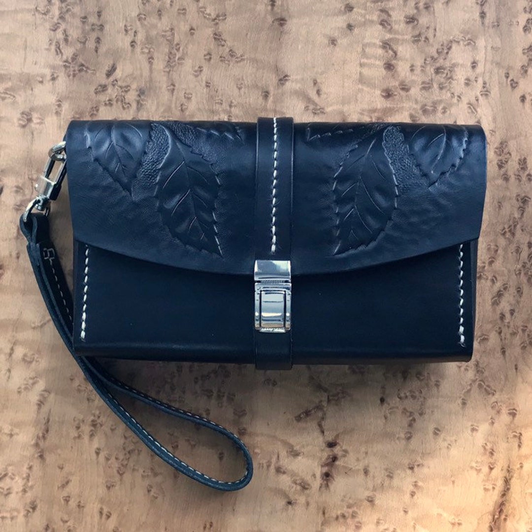 Leather Wallet or Phone Case, Clutch Wallet, With Wrist Strap, Tooled ...
