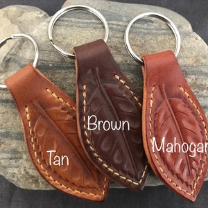 Leaf Leather Key Ring Key Fob, Tooled Leaf Design Key Chain, Leather ...