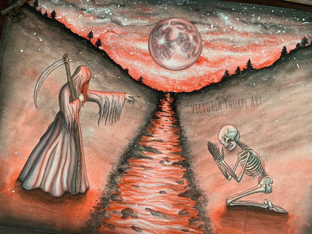 SALE Original Art Lady Grim Reaper and Skeleton Watercolour Painting ...