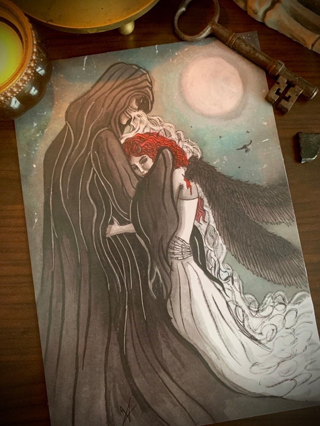 Art Print - Grim Reaper and Fallen Angel - A5 Death Goth Gothic ...