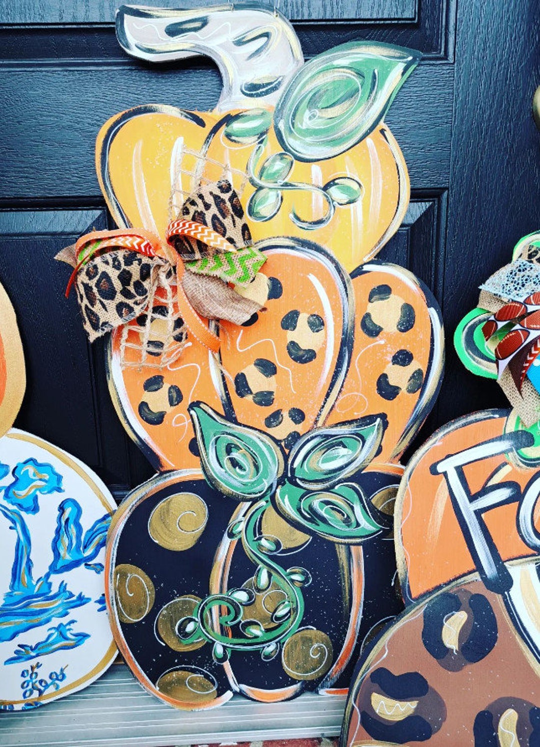 Stacked Pumpkin Door Hanger, Triple Pumpkin Door Hanger, Whimsical Door ...