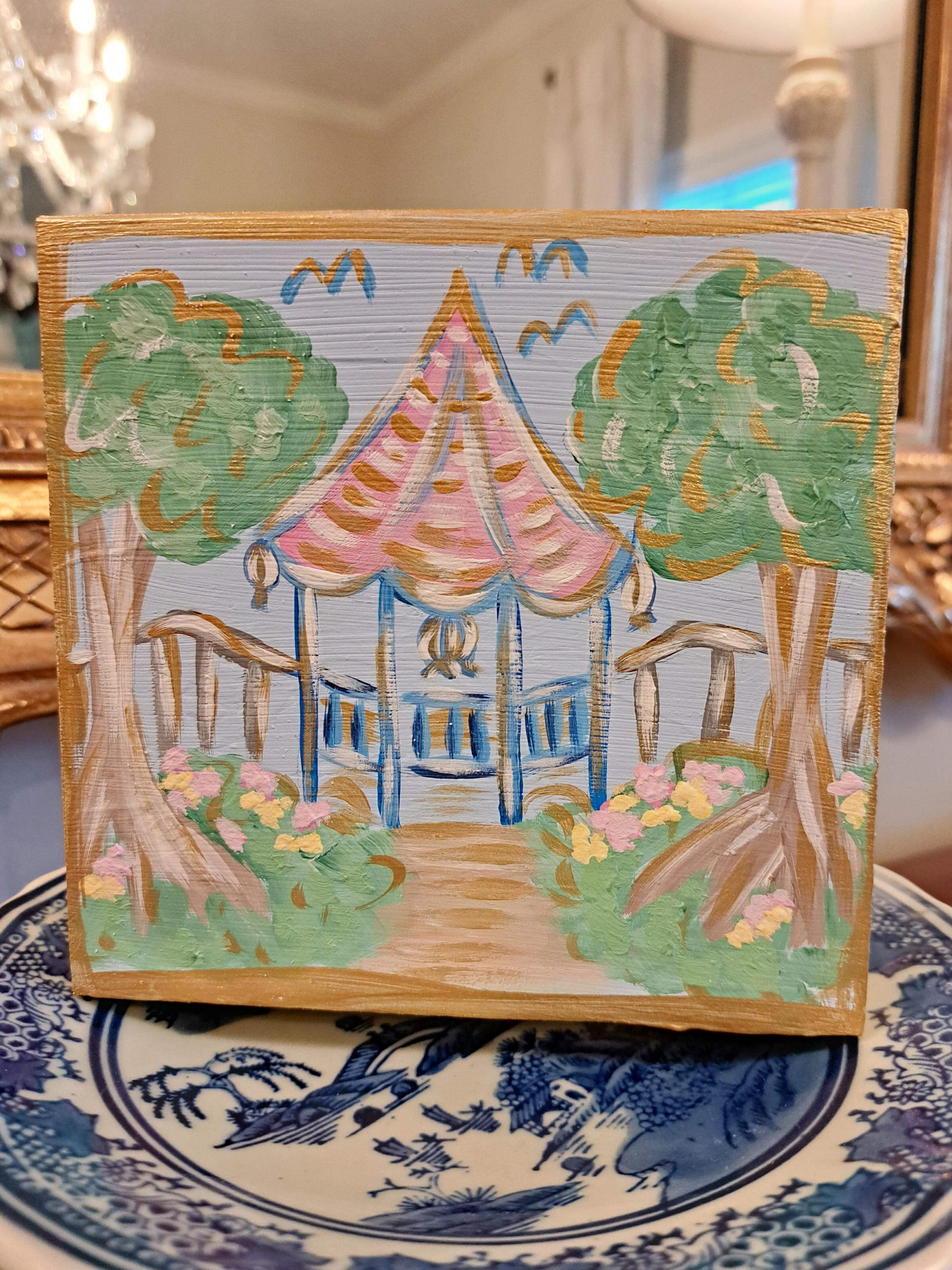 Textured Art Wood Block, Multi Color Pastel Pagoda Art, Chinoiserie ...