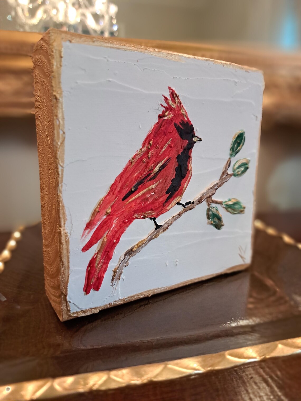 Textured Cardinal Art, Hand-painted Wood Block With Gold - Etsy