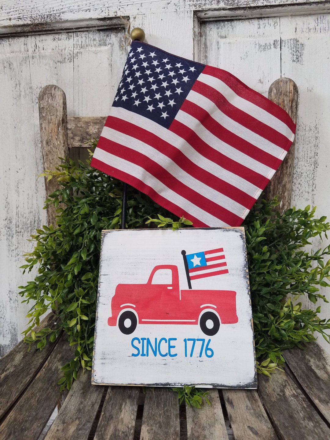 Patriotic Truck Sign, Truck and Flag Sign, 1776 Sign, Rustic Wood Sign ...