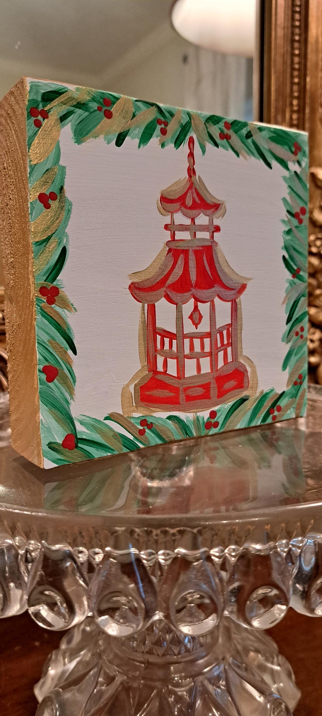 Textured Art Wood Block, Christmas Red and Green Pagoda Art ...