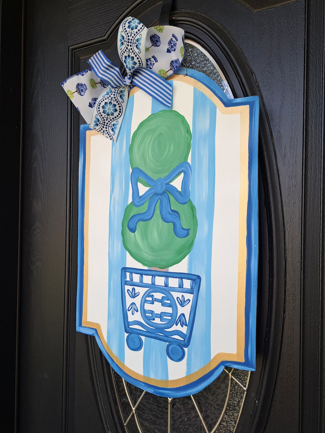 Topiary and Chinoiserie Door Hanger, Blue and White Door Hanger, Plaque ...
