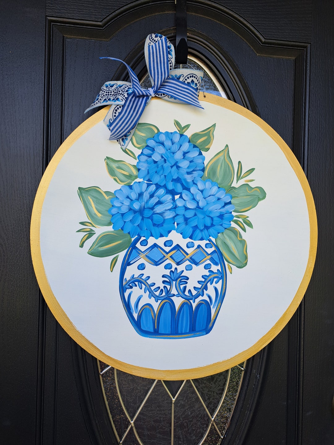 Hydrangeas and Chinoiserie Door Hanger, Blue and White Door Hanger ...