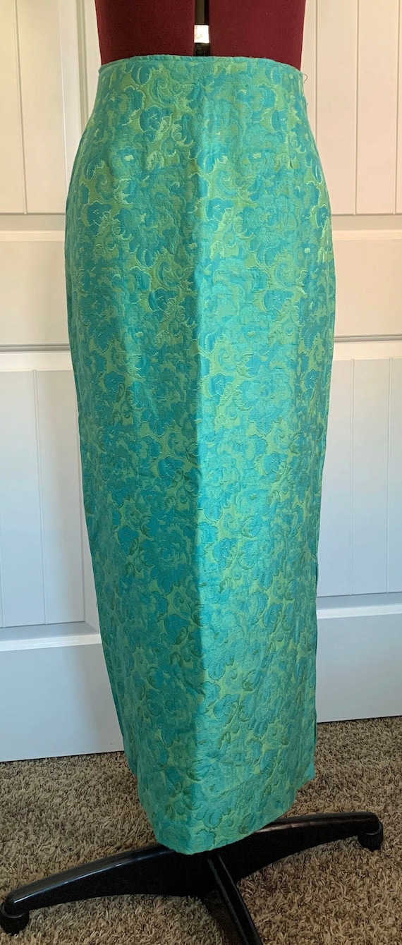 1960s Blue and Green Floral Brocade Maxi Skirt NWT M - Gem