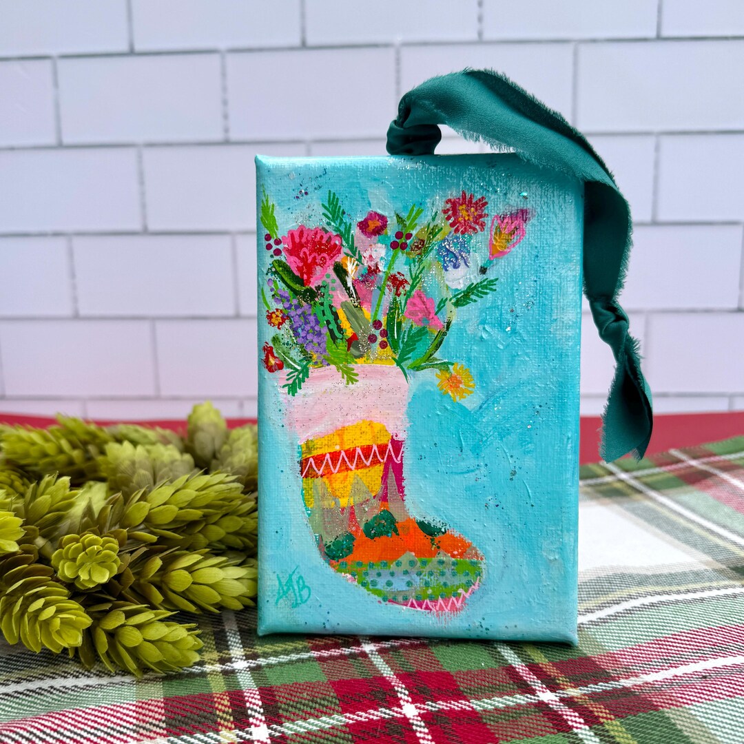 Colorful Christmas Stocking Painting on Aqua Canvas / 4X6 With Ribbon ...