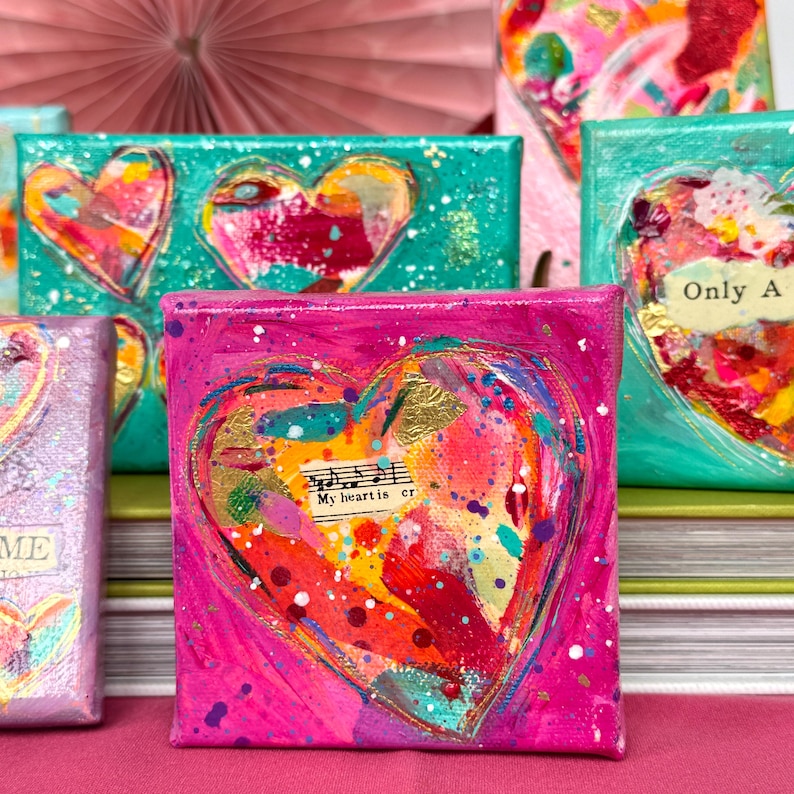 Abstract Heart Collage Painting | 4x4 Canvas, Mixed Media Art - Etsy