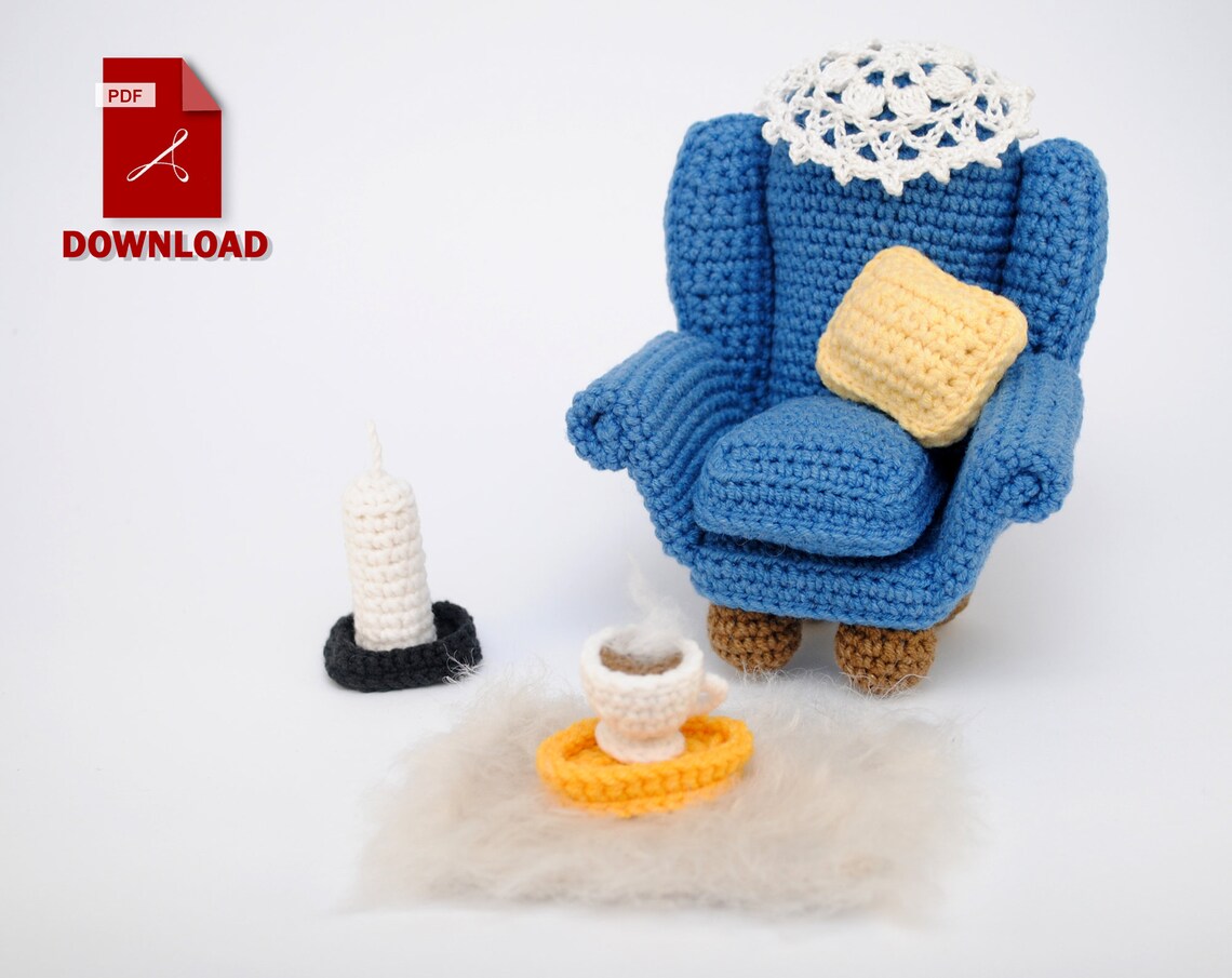 Crochet PATTERN Miniature Armchair, Pillow, Candle, Doily and Rug ...