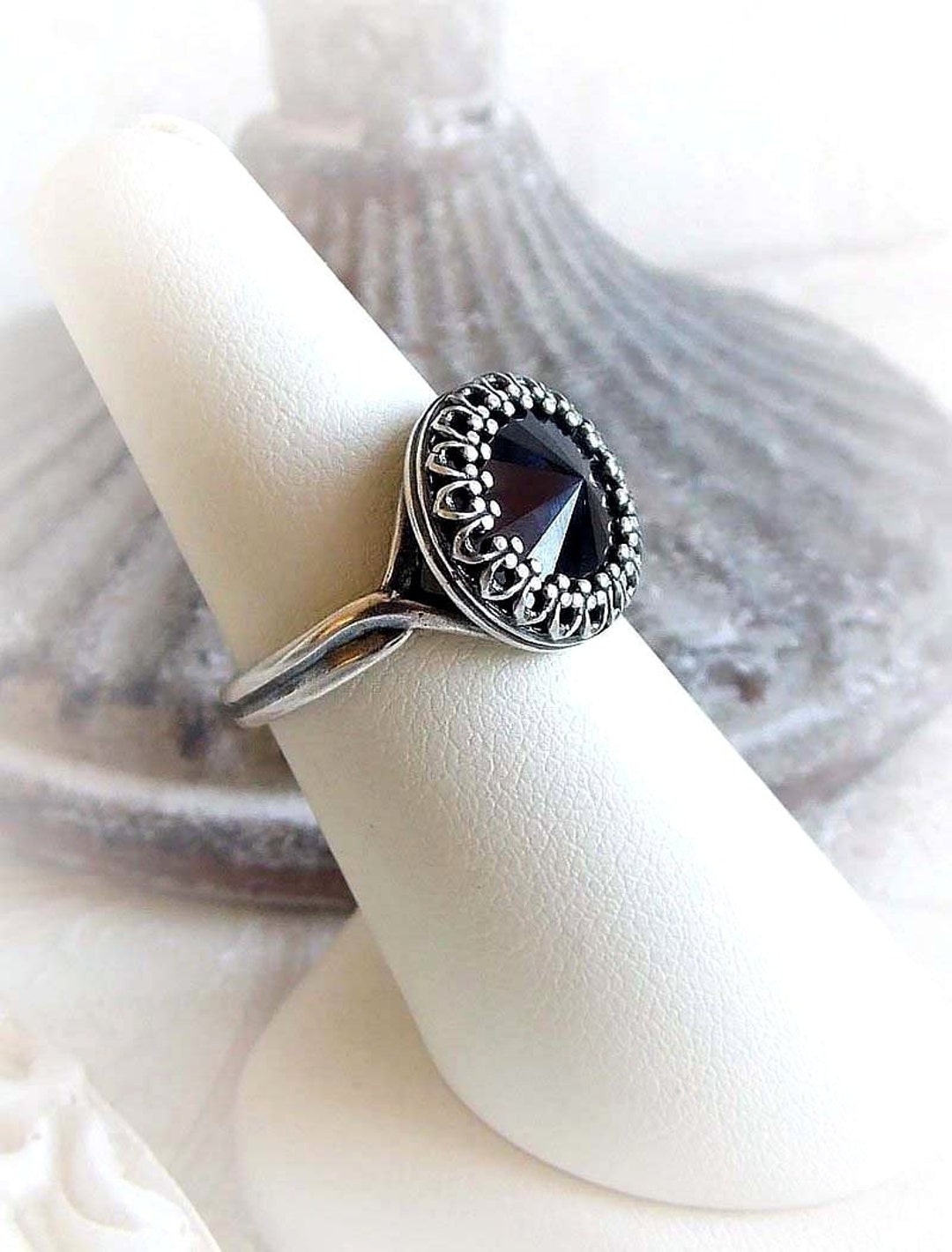 Black Crystal Cocktail Ring: Antique Silver Crown Ring, Adjustable Band ...