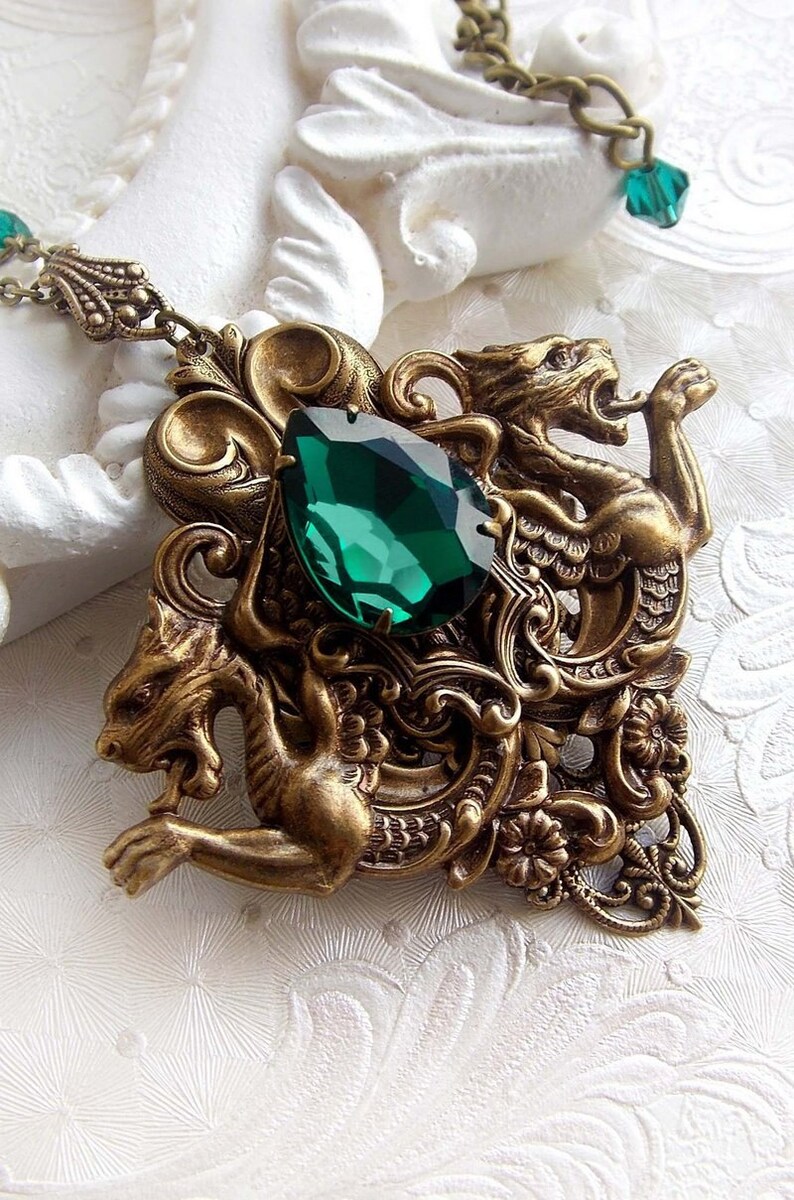Aged Brass Emerald Mythology Necklace Renaissance Baroque - Etsy