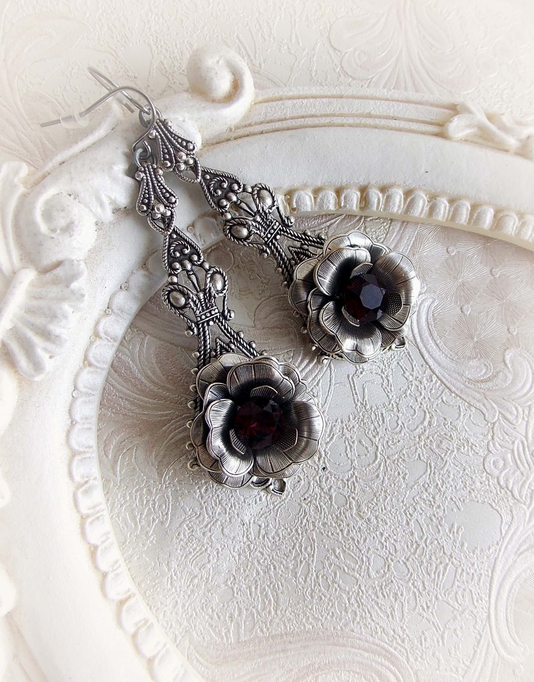 Silver flower earrings Swarovski crystal burgundy earrings neo | Etsy