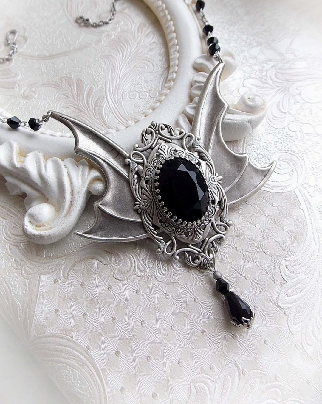 Black Gothic Winged Necklace, Crystal Gothic Vampire Necklace, Macabre ...