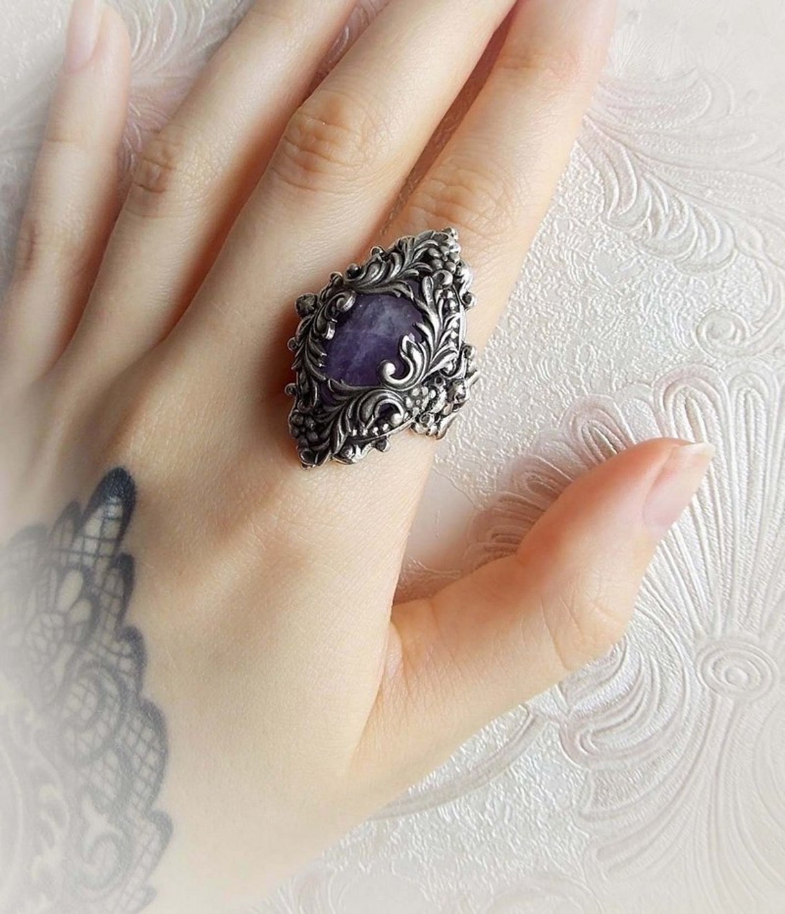 Victorian Amethyst Ring: Ornate Gothic Renaissance Brass Statement Ring ...