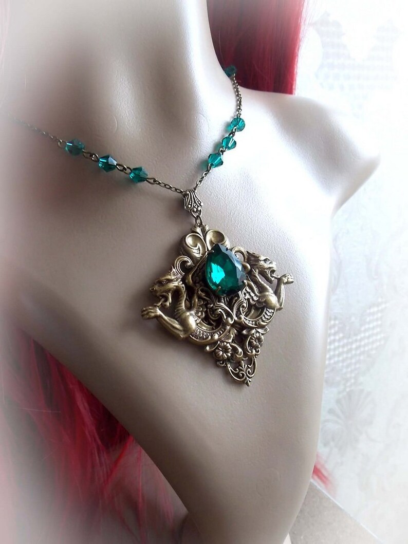 Aged Brass Emerald Mythology Necklace Renaissance Baroque - Etsy