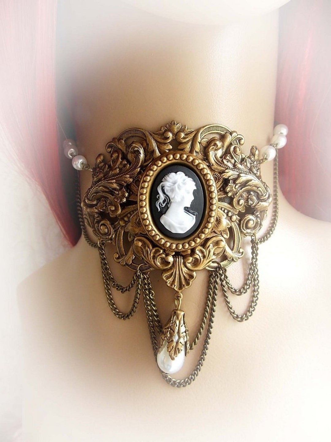 Cameo Baroque Choker Victorian Vintage Ornate Choker Aged Brass Baroque ...