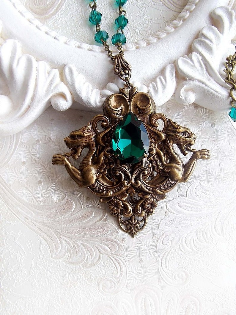 Aged Brass Emerald Mythology Necklace Renaissance Baroque - Etsy