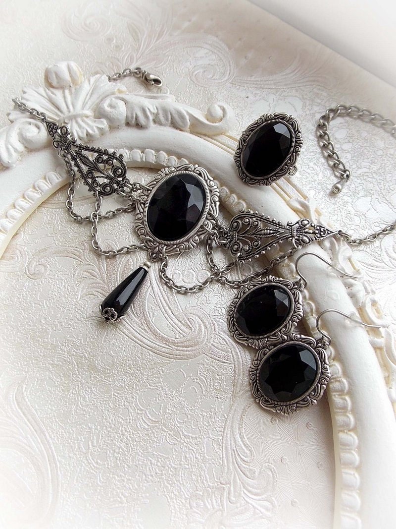 Black Crystal Jewelry Set Gothic Victorian Necklace Gothic | Etsy