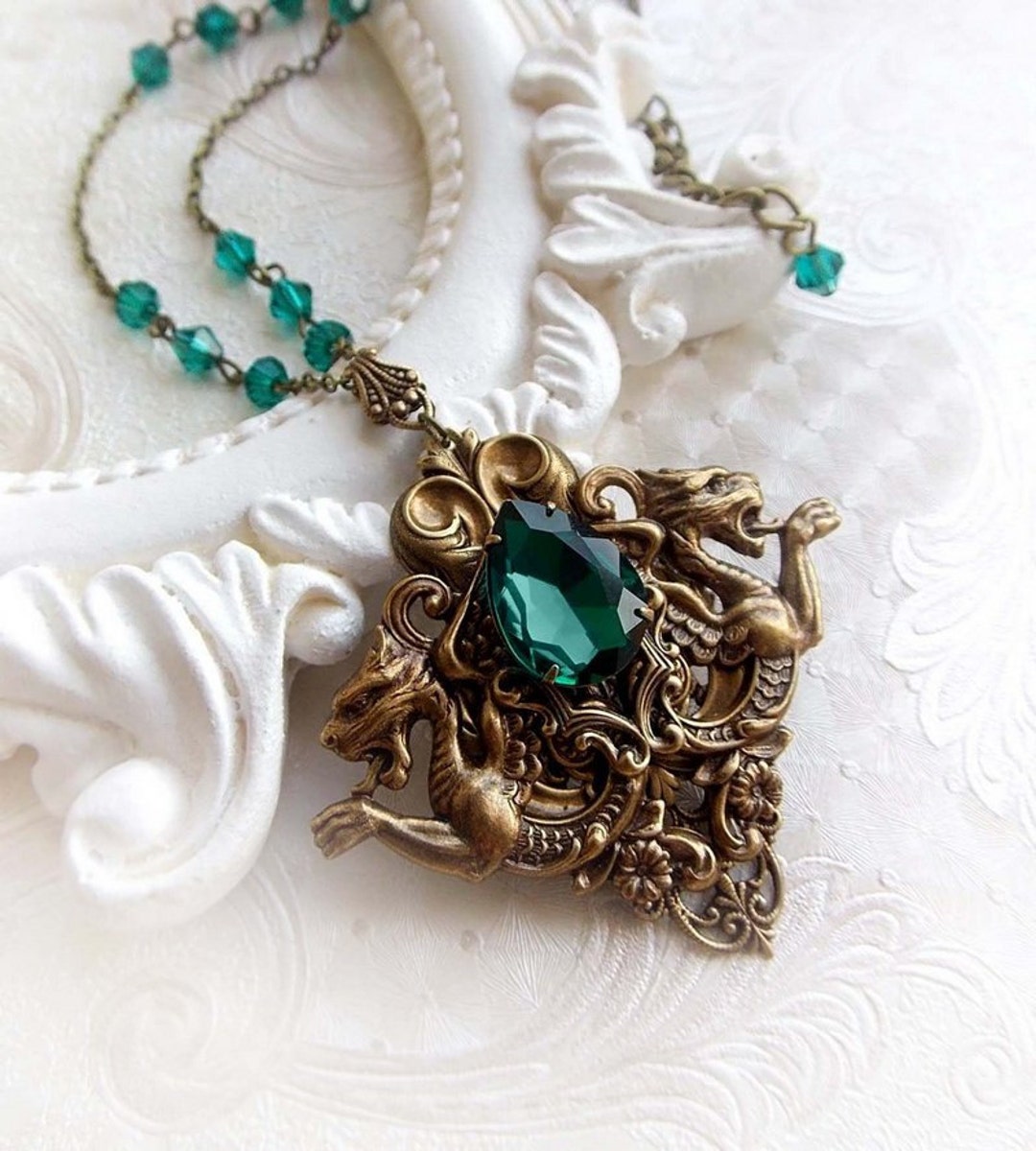 Aged Brass Emerald Mythology Necklace Renaissance Baroque Necklace ...