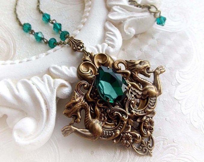 Aged Brass Emerald Mythology Necklace Renaissance Baroque Necklace ...