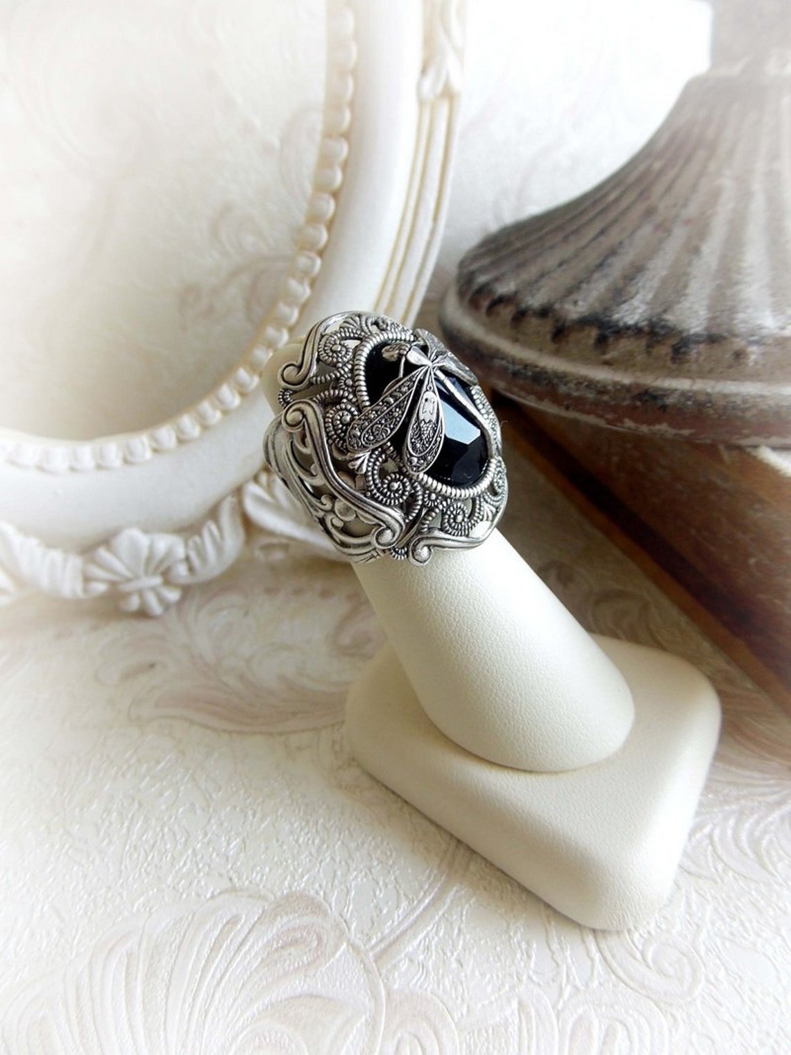 Dragonfly Black Gothic Ring Swarovski Crystal Victorian Ring - Etsy
