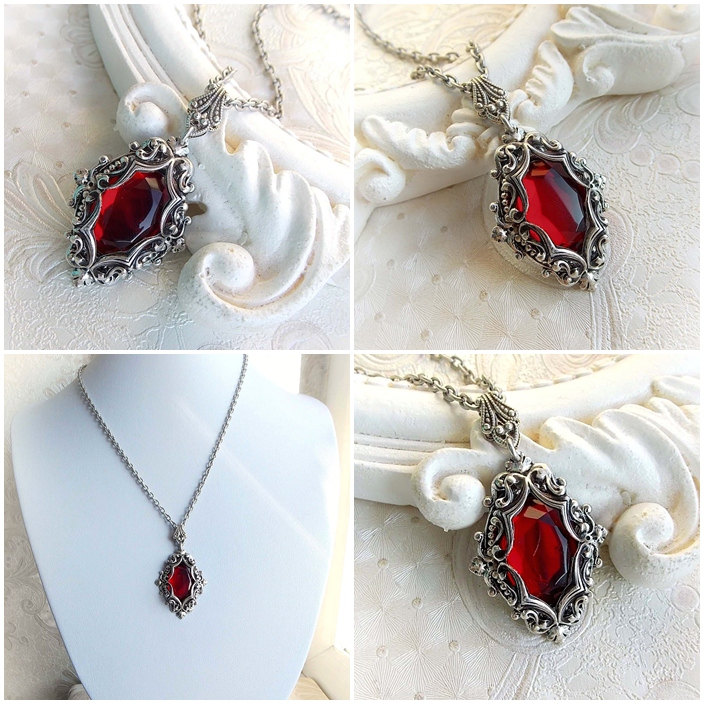 Red Crystal Medieval Necklace: Gothic Ruby Silver Pendant - Etsy