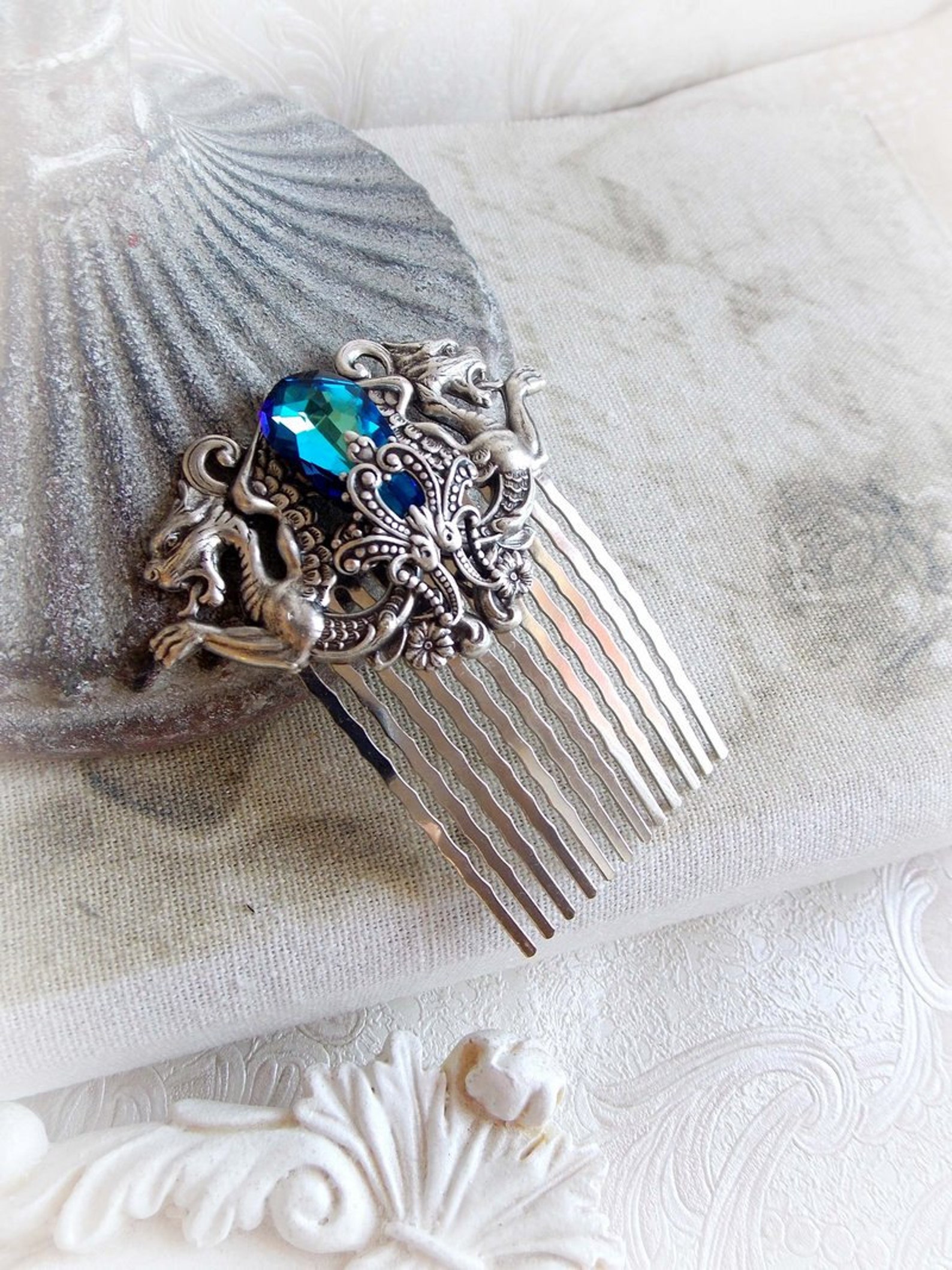 Medieval Ocean Blue Hair Comb Fantasy Swarovski Crystal Comb - Etsy