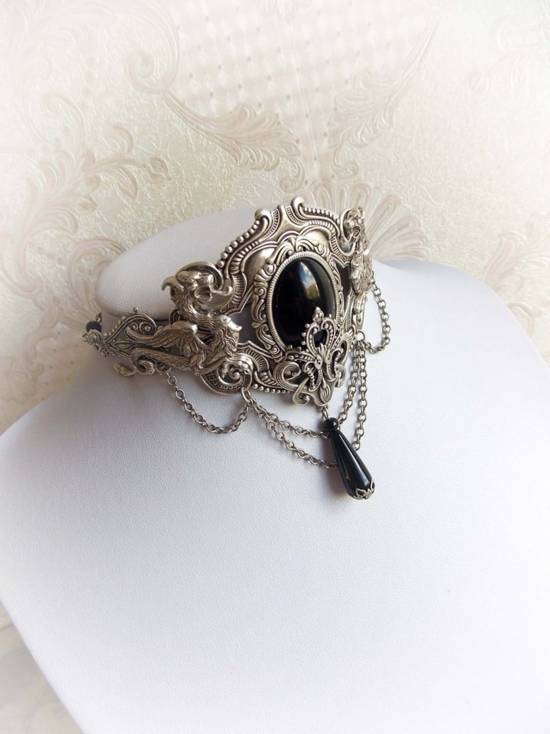 Mythological Black Stone Choker - Antique Silver Jewelry, Gothic ...
