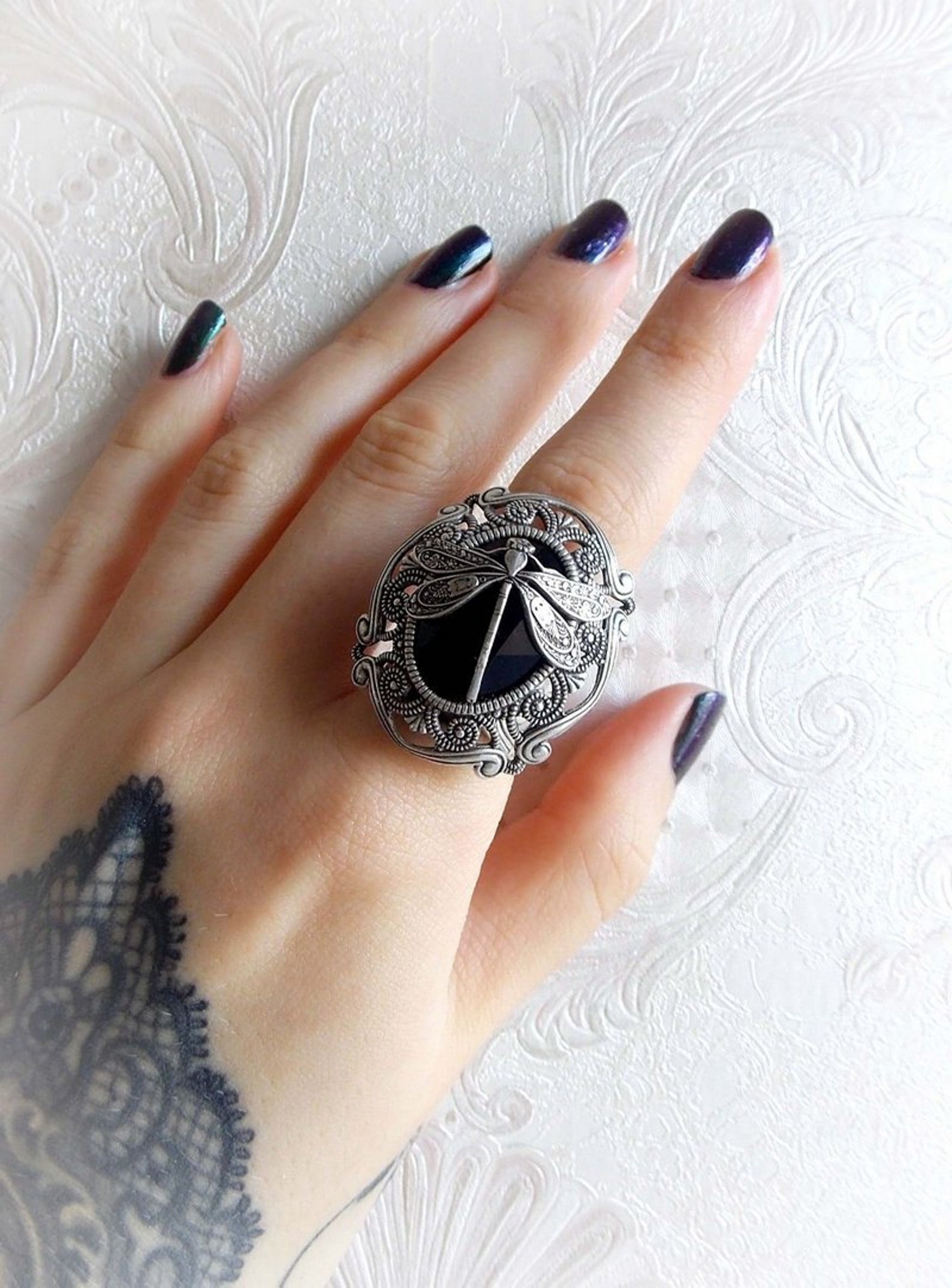 Dragonfly Black Gothic Ring Swarovski Crystal Victorian Ring | Etsy