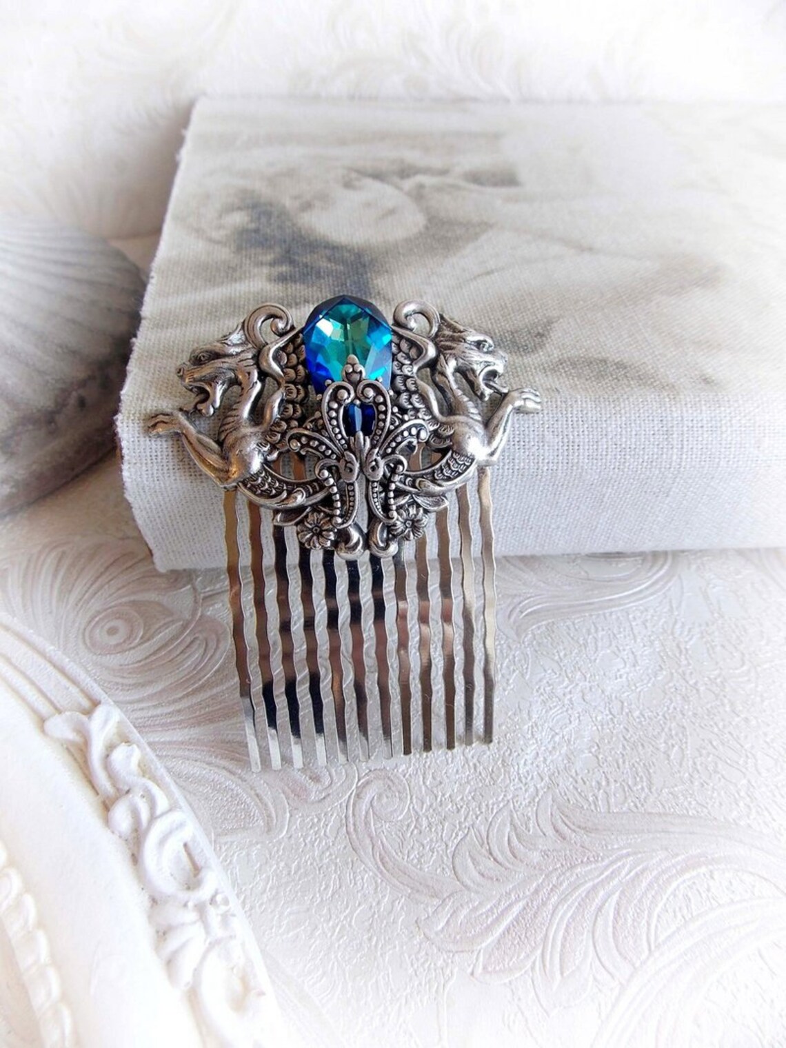 Medieval ocean blue hair comb fantasy Swarovski crystal comb | Etsy