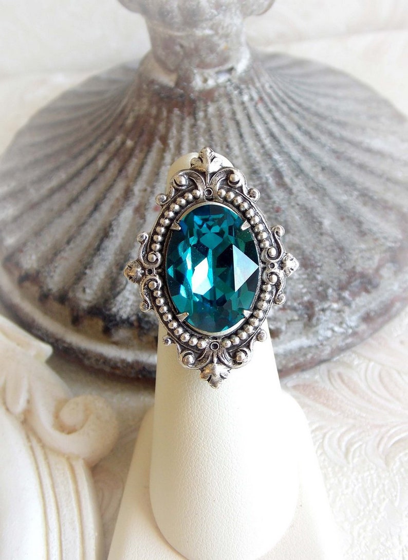 Ocean Blue Crystal Cocktail Ring: Gothic Victorian Silver Statement ...