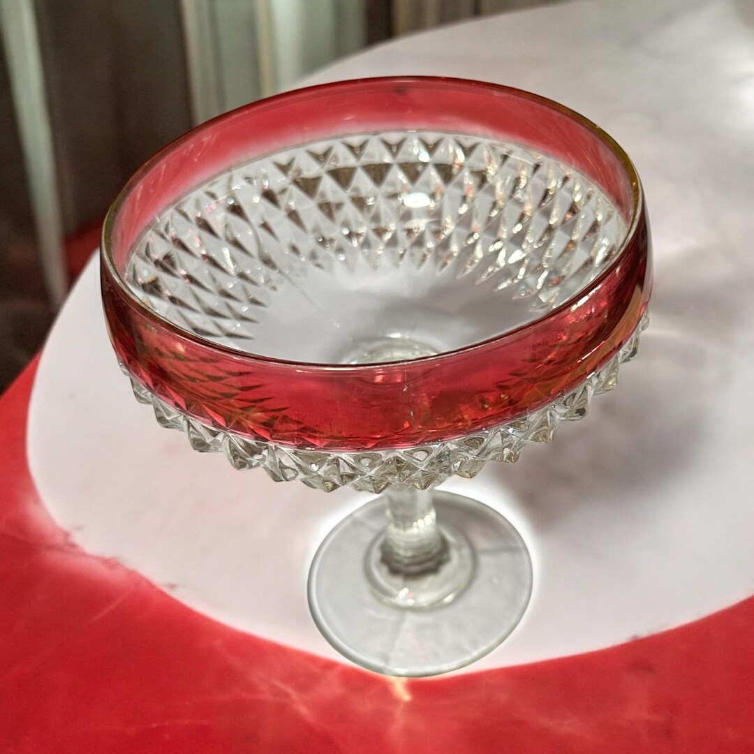 Mid Century Indiana Glass Candy Dish, Ruby Flash, Diamond Point ...