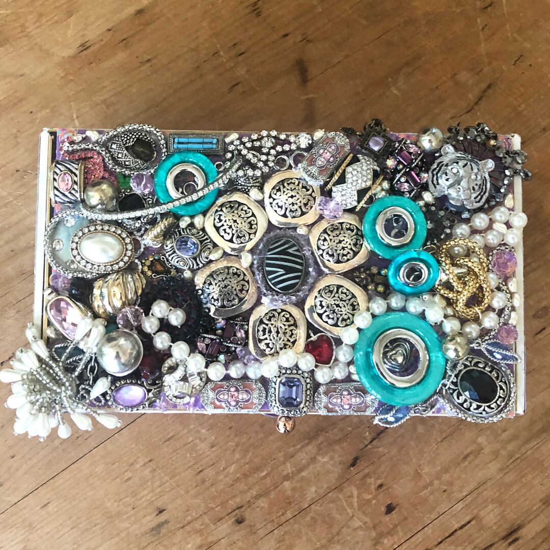 Vintage Treasure Jewelry Box Rhinestones Costume Jewelry Cigar Box ...