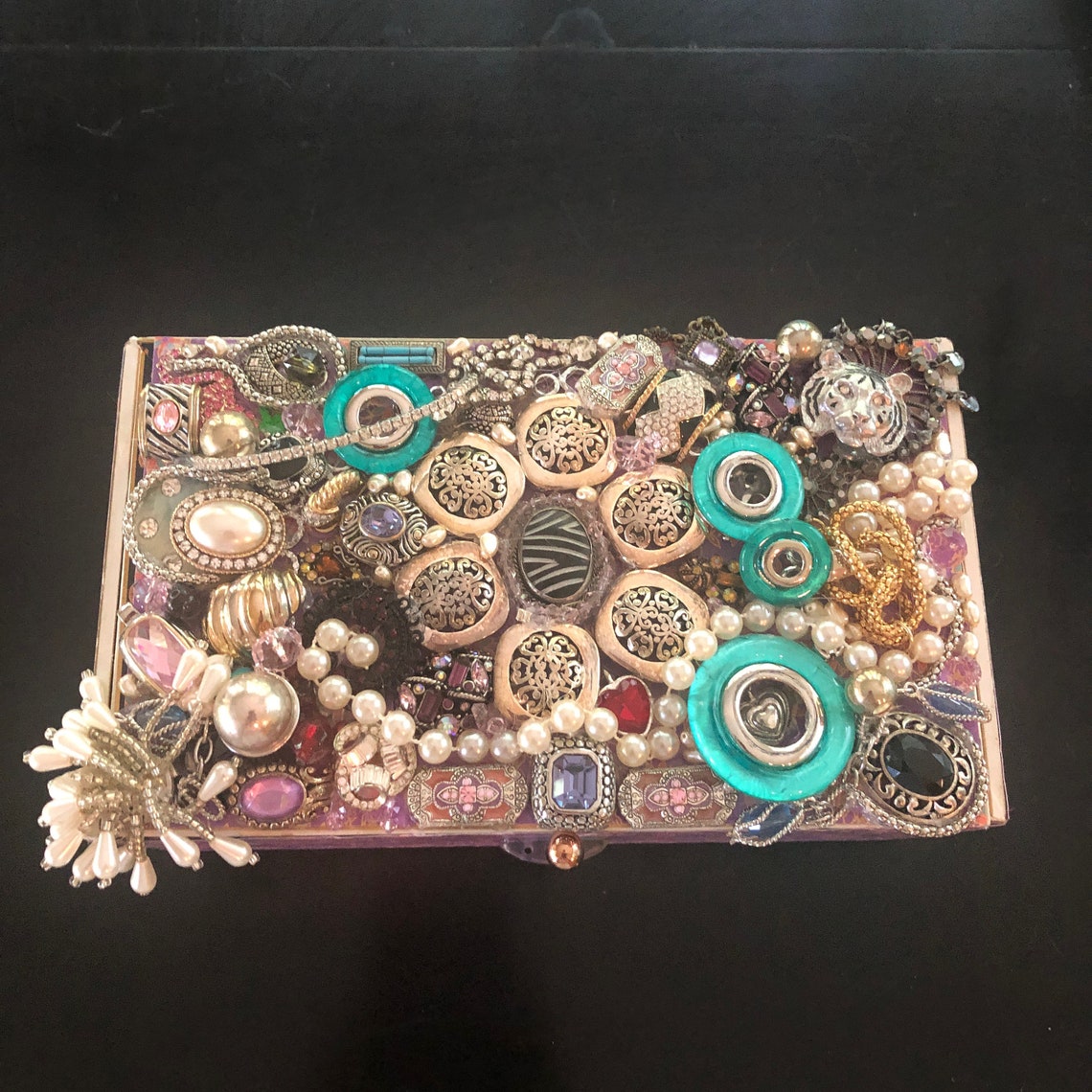 Vintage Treasure Jewelry Box Rhinestones Costume Jewelry Cigar Box ...
