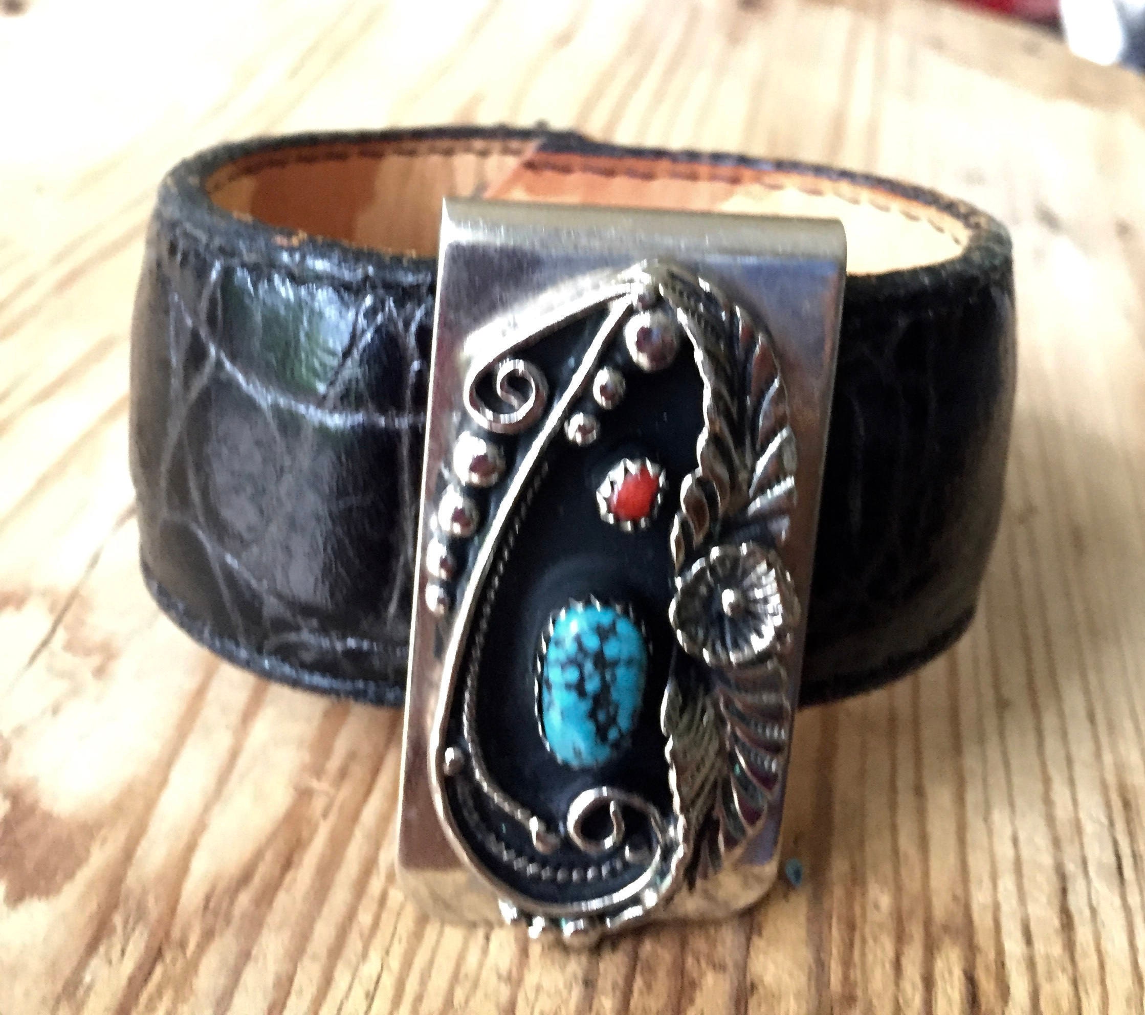 Black Leather Cuff With Vintage Silver Navajo Turquoise Money Clip - Etsy