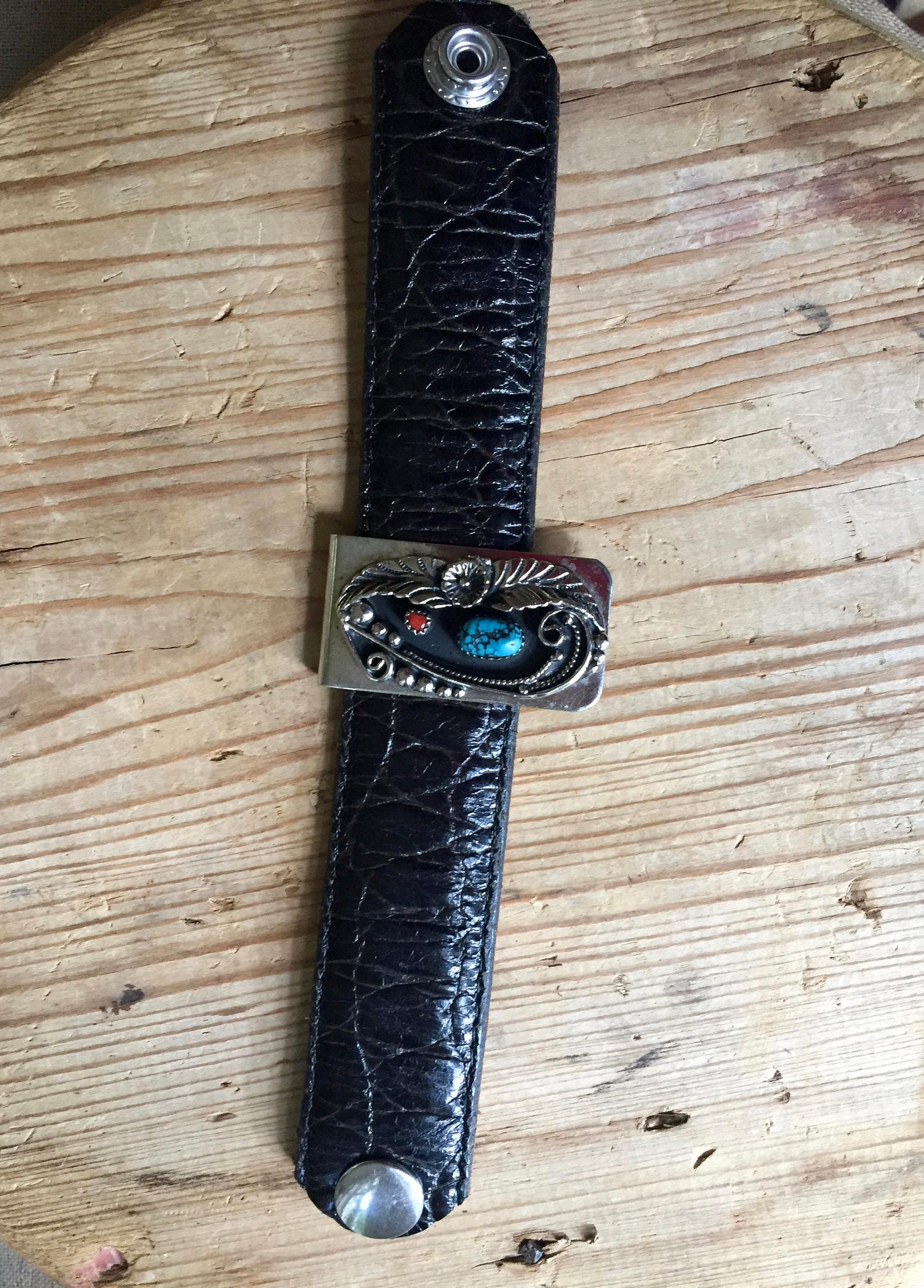 Black Leather Cuff With Vintage Silver Navajo Turquoise Money Clip - Etsy