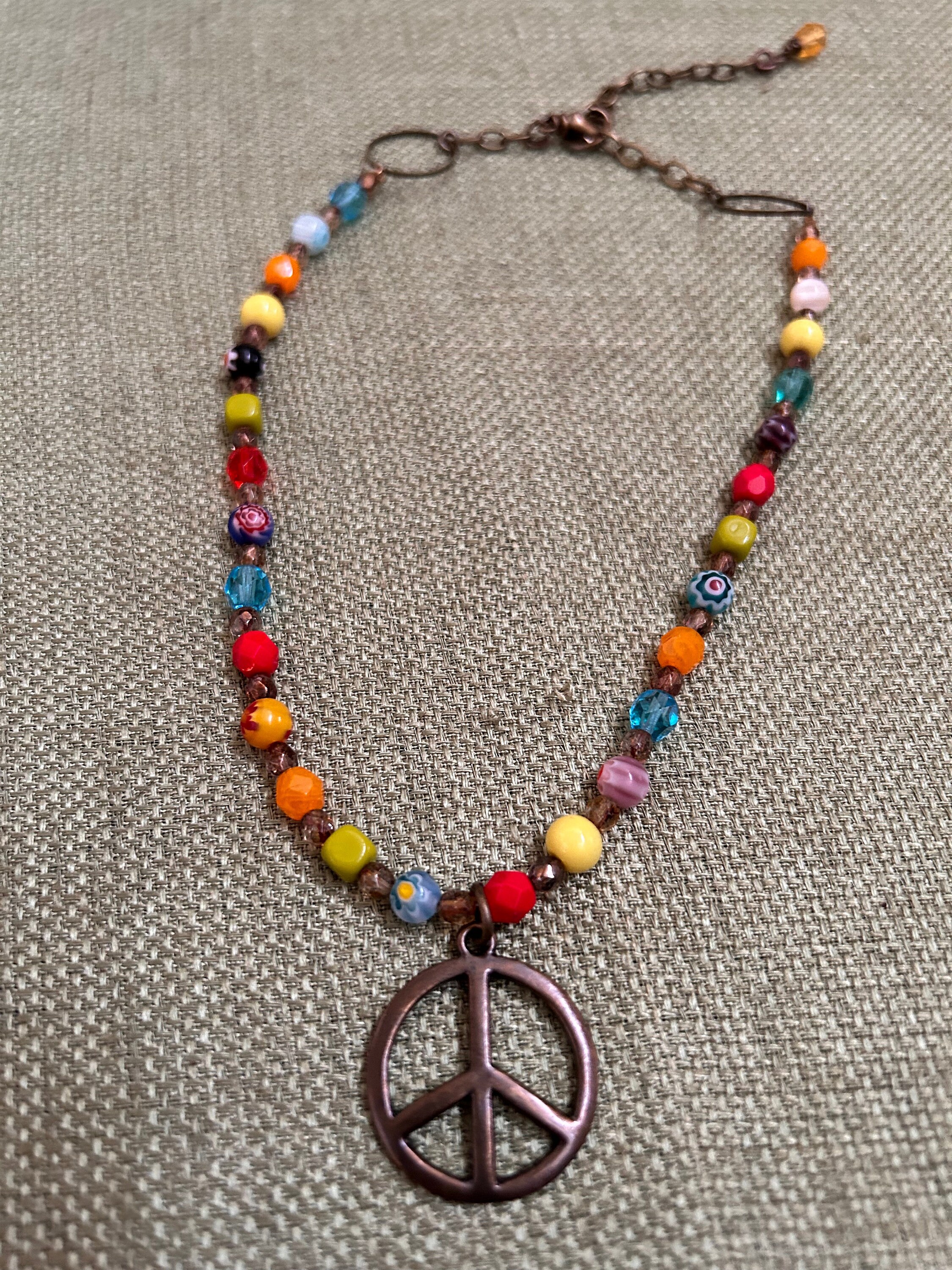 Boho Peace Sign Necklace: Millefiori & Czech Glass Beaded, Hippie Style ...