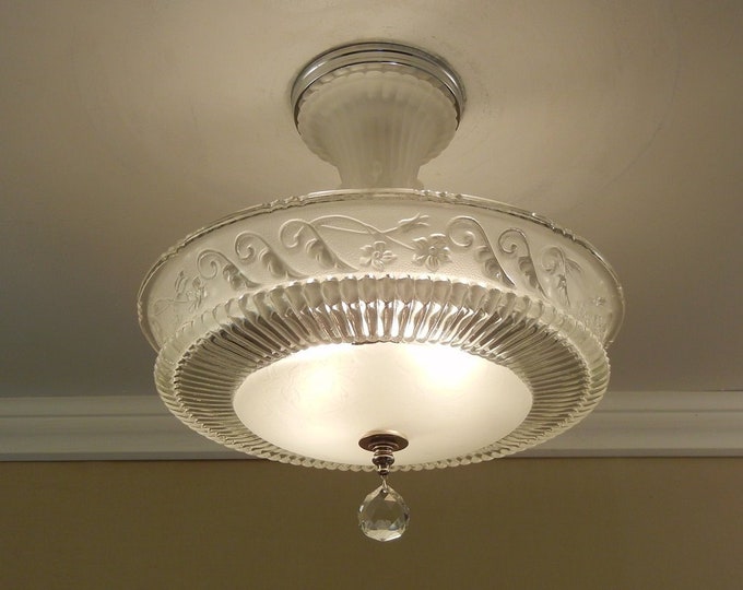 Vintage 1940's Semi Flush Ceiling Light Fixture Frosted & Clear Pressed ...