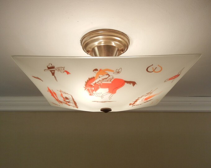 Vintage Mid Century Western Ceiling Light - Cowboy Glass Shade & Solid ...