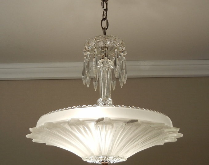 Vintage Art Deco Antique SUNFLOWER Petal Pressed Glass Ceiling Light ...