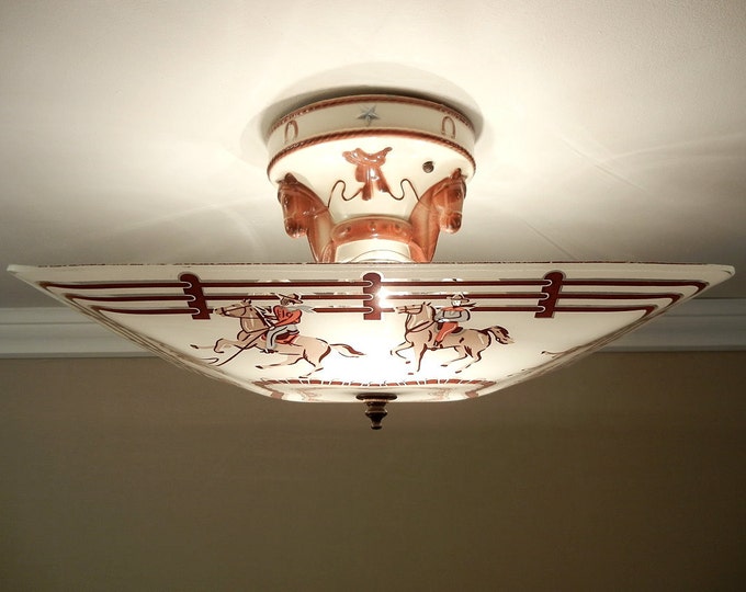 Vintage 1950's WESTERN Ceiling Light Porcelain Horse Cowboy Glass ...
