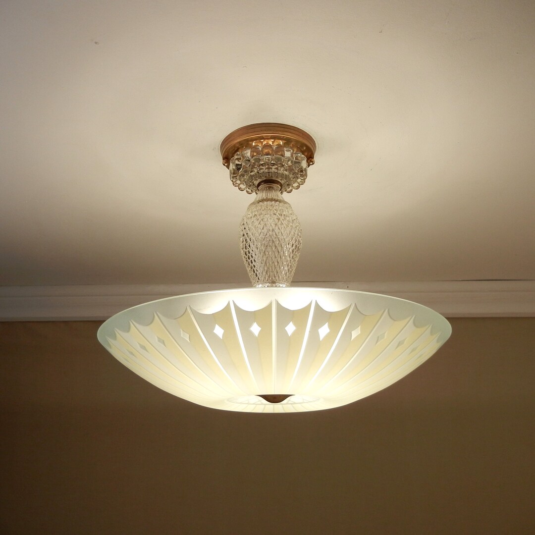 Vintage Mid Century Modern MCM Semi Flush Glass Shade Ceiling Light ...