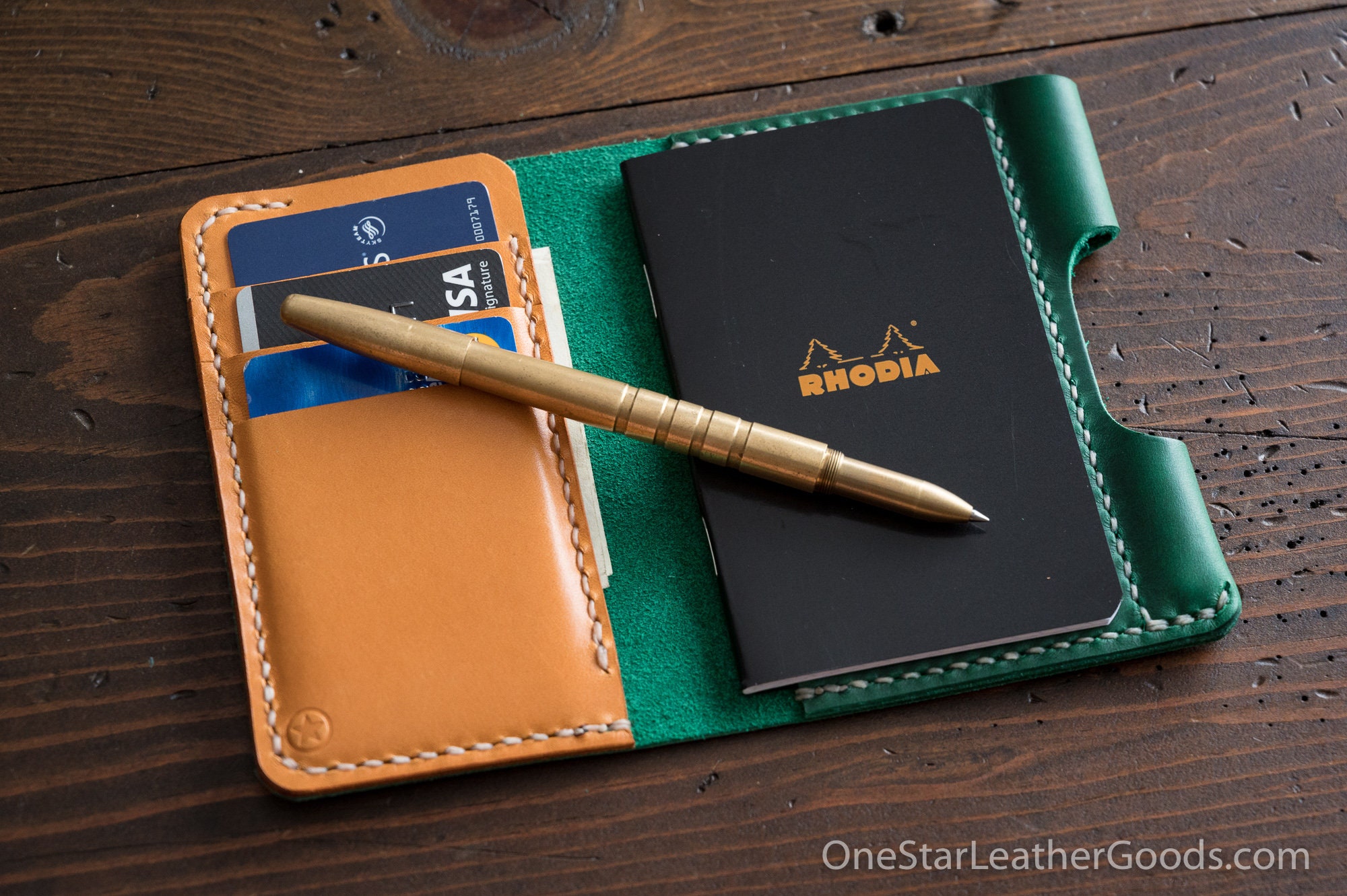 Notebook/wallet/pen, Park Sloper Medium - Horween Chromexcel green / tan bridle leather (PSM)