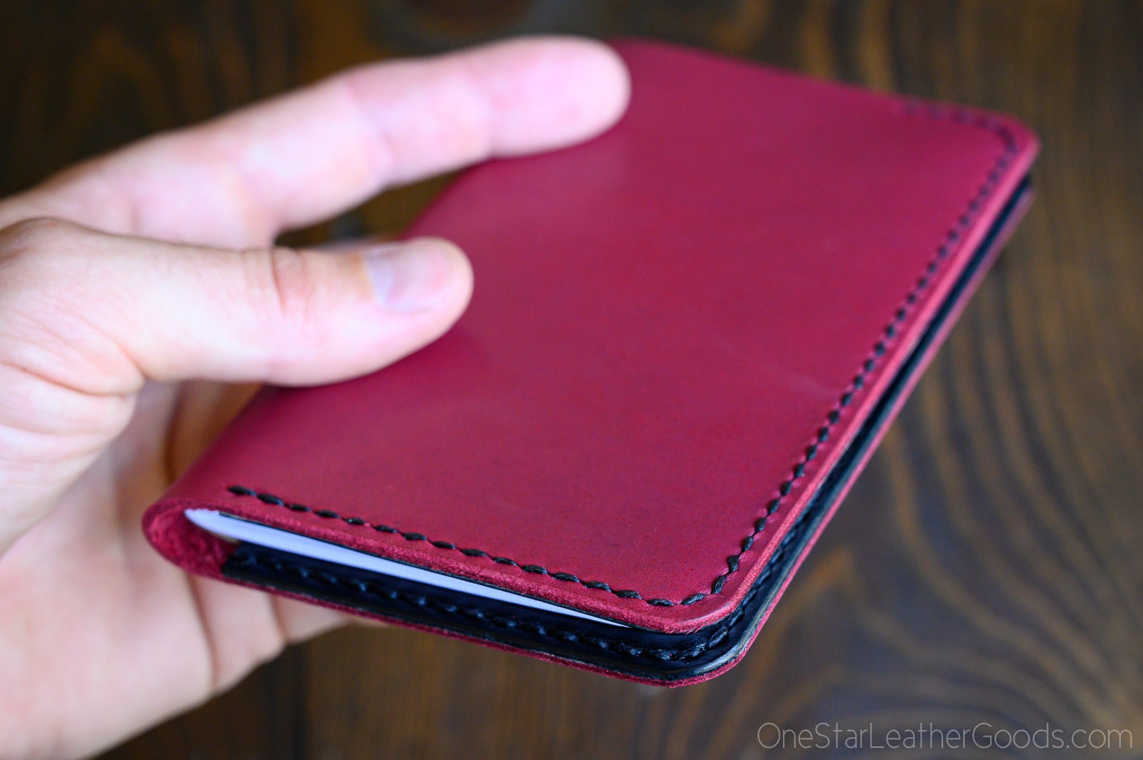 Notebook cover, 3.5 x 5.5, Hand Stitched Horween leather - magenta / black