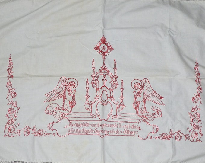 Antique German Alter Cloth Red Work Hand Embroidery Angels Religious ...