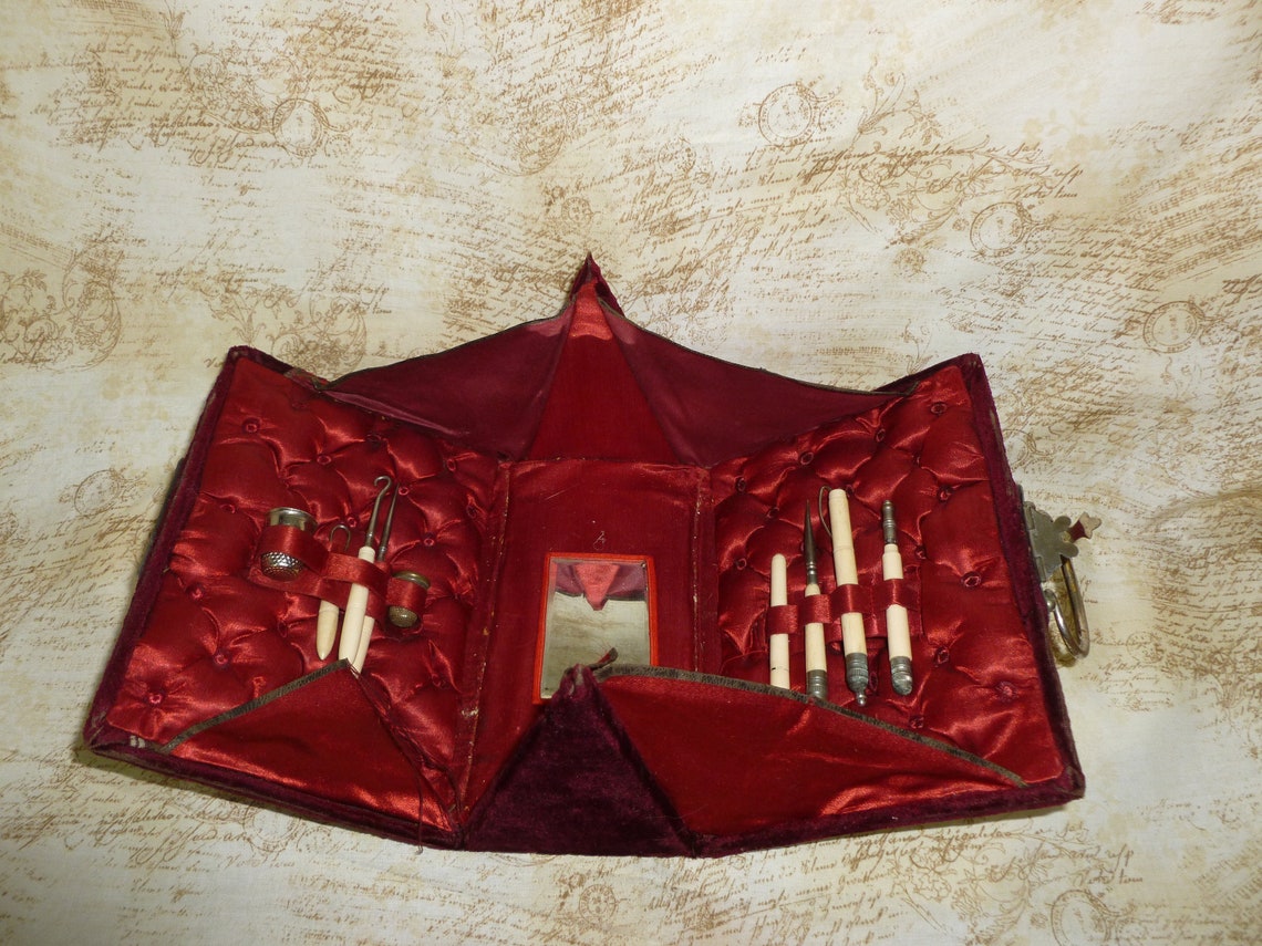 19c. Victorian Sewing Basket Antique Sewing Kit Velvet Box Silk Tufted ...