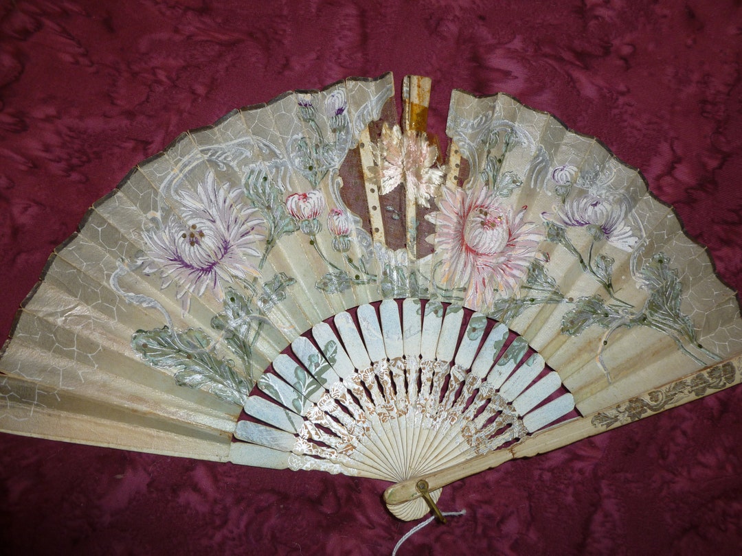 Antique 1880s Victorian Fan Hand Painted Silk Insert Folding Fan ...