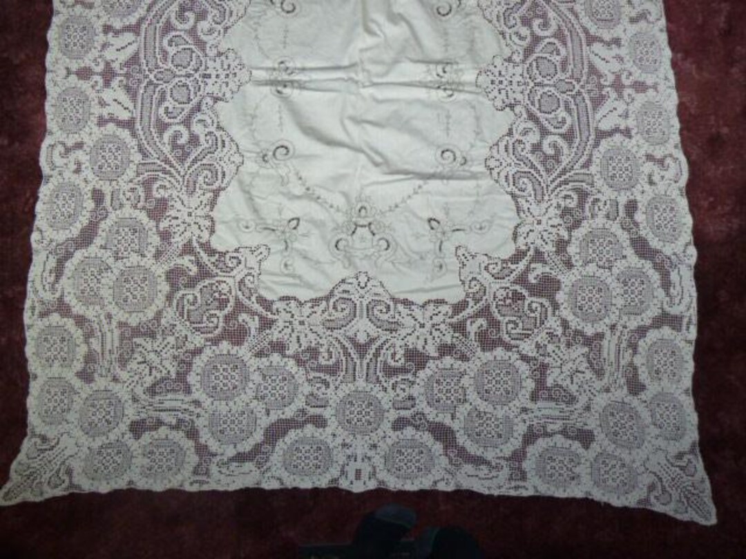Antique Tablecloth Darn Net Lace Victorian Hand Embroidery 76" X 58" - Etsy